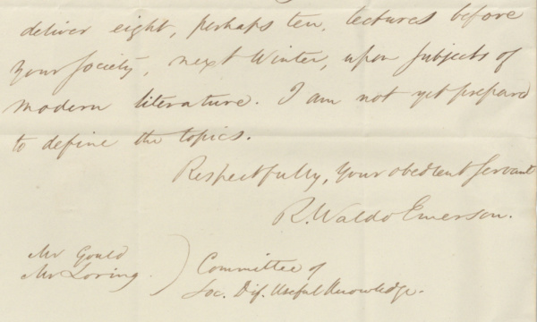 Ralph Waldo Emerson Signed Letter First Lecture Series | Raab