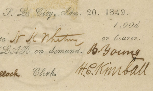 Brigham Young Rare Bank Note First Mormon Bank in Salt Lake City | Raab ...